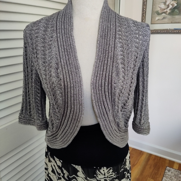 Peter Nygard | Sweaters | Peter Nygard Silver Metallic Crochet Shrug ...